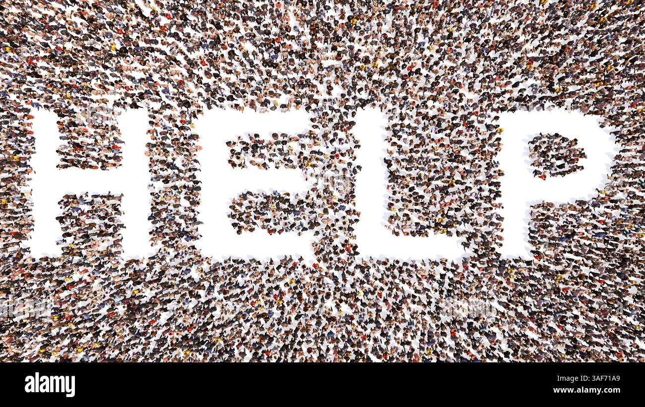 Concept conceptual large community of people forming HELP slogan. 3d ...