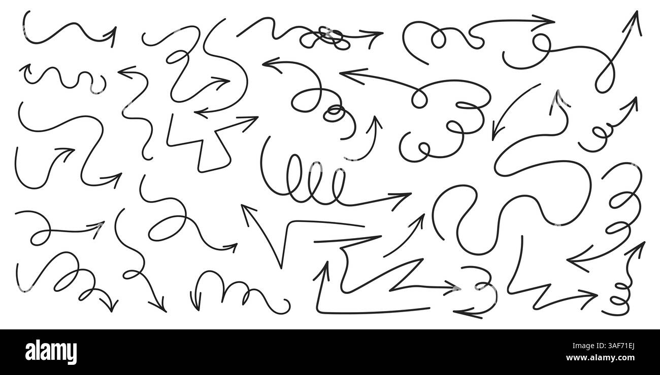 Hand draw black line arrows set. Curved and swirl tangled arrows ...