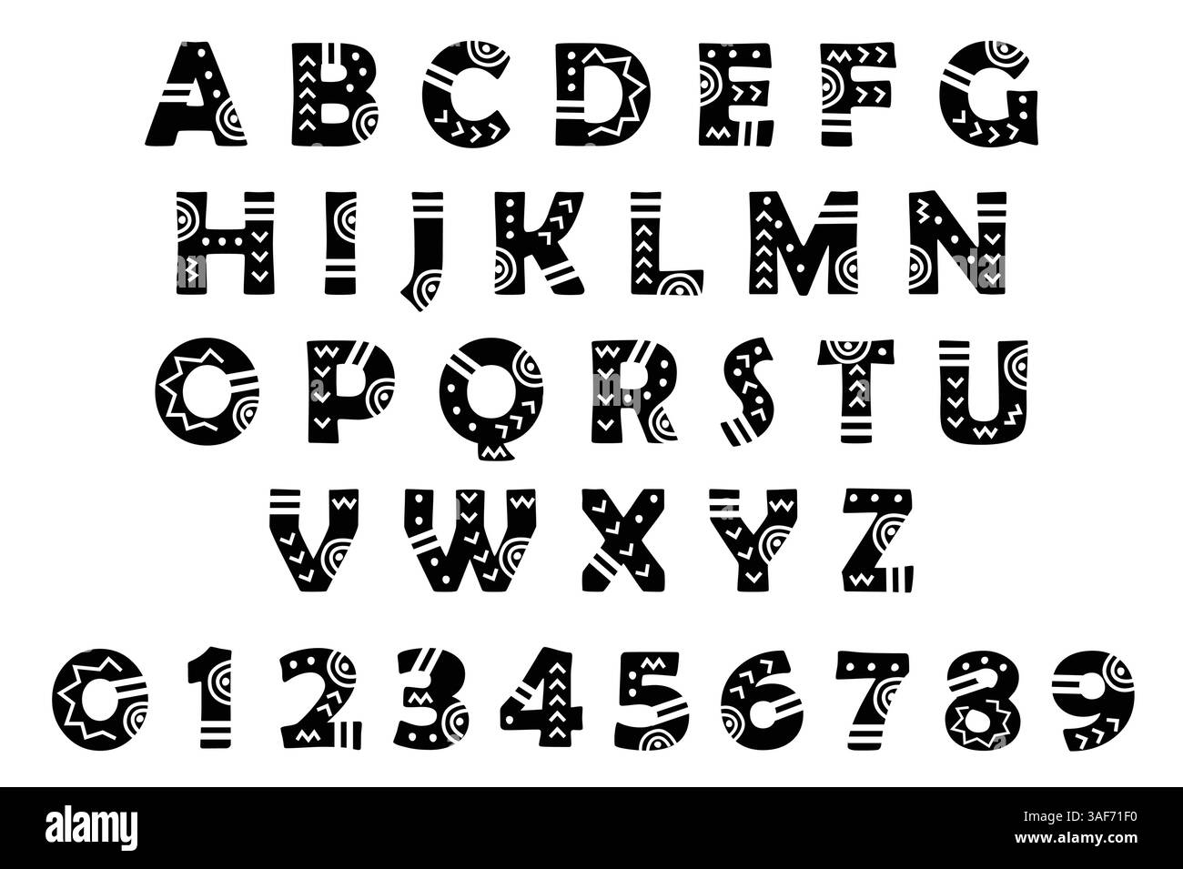 African, Aztec or Maya tribal font in Black color. Decorative alphabet ...