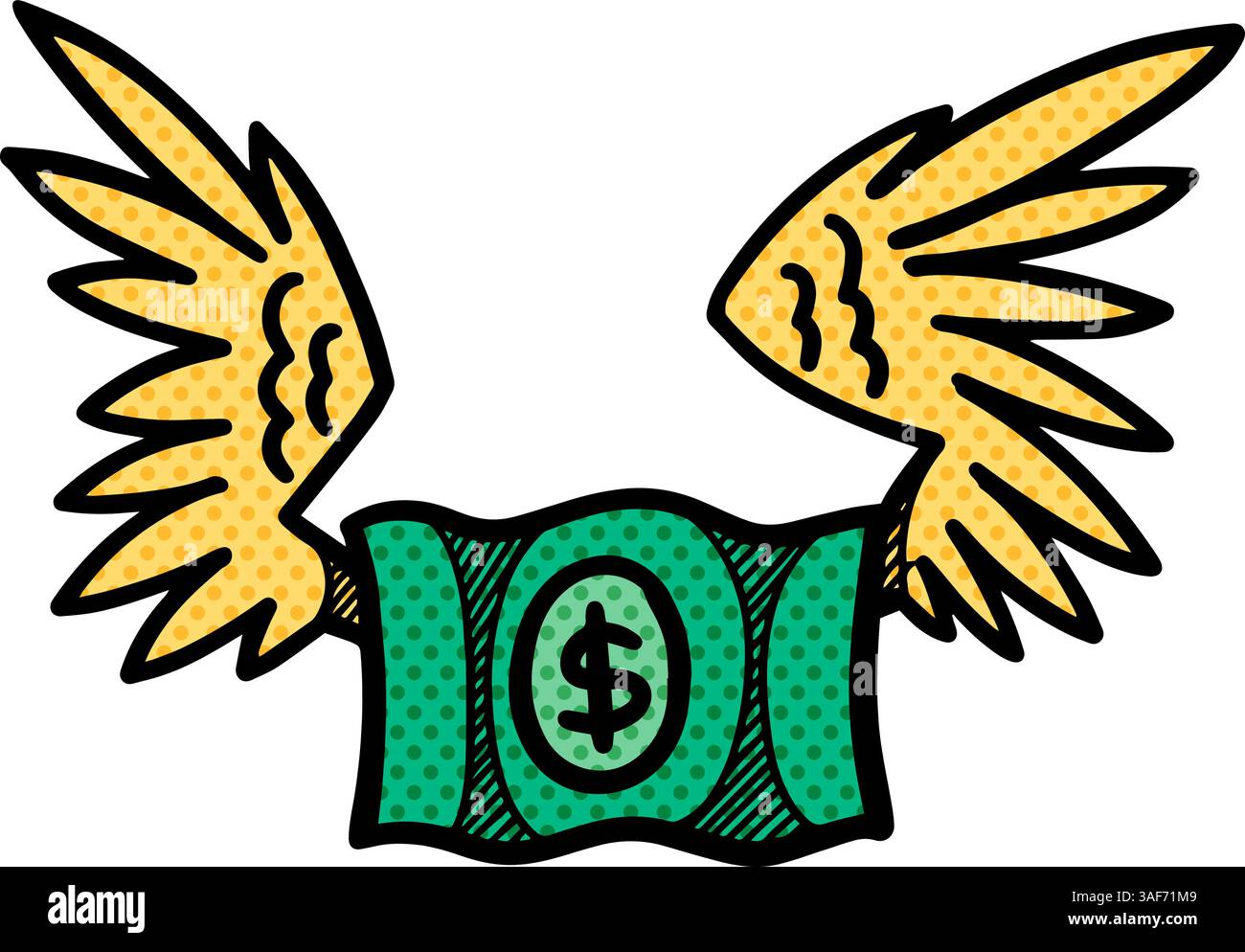 Hand drawn green flying dollar note icon halftone color vector ...