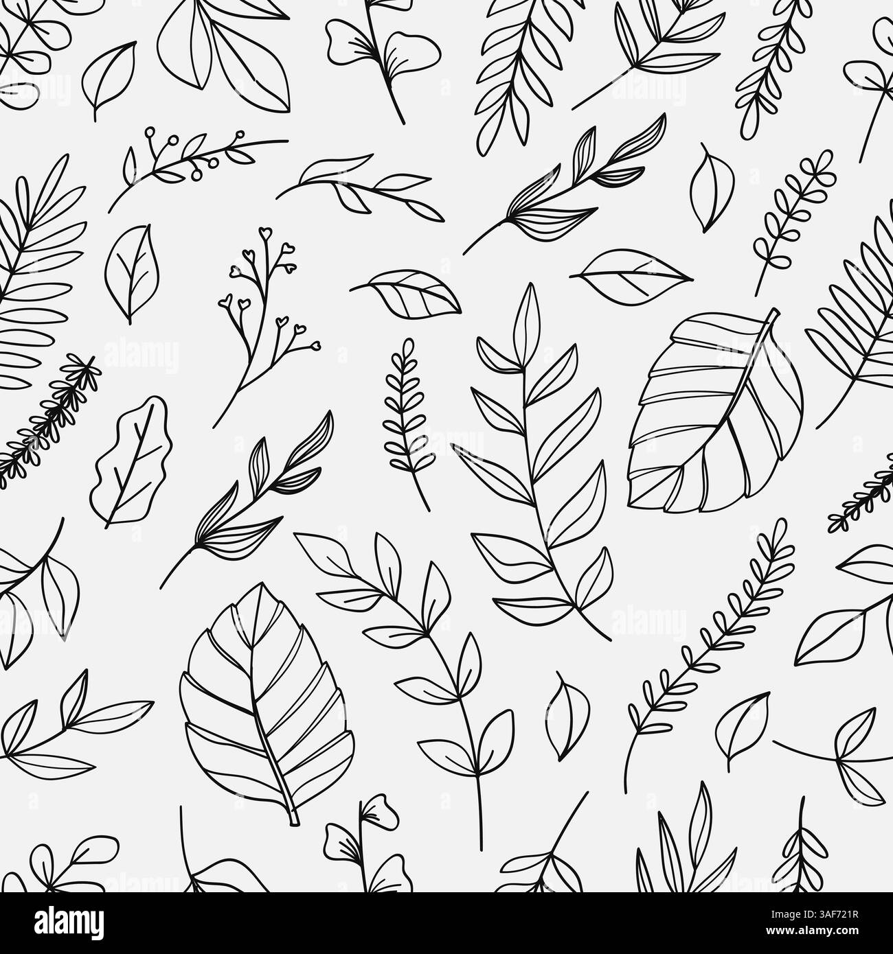 Seamless pattern botanical leaves line art isolated on white background ...