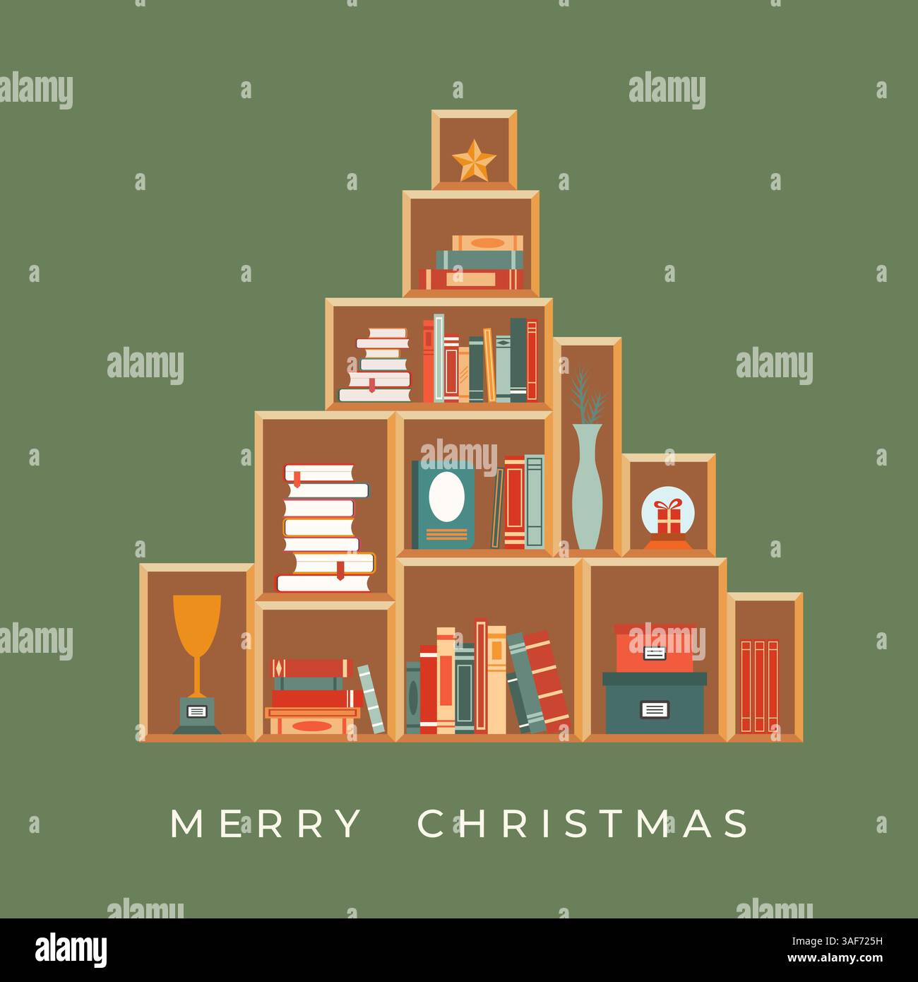 Bookshelf display shaped like a Christmas tree, with books and decor ...