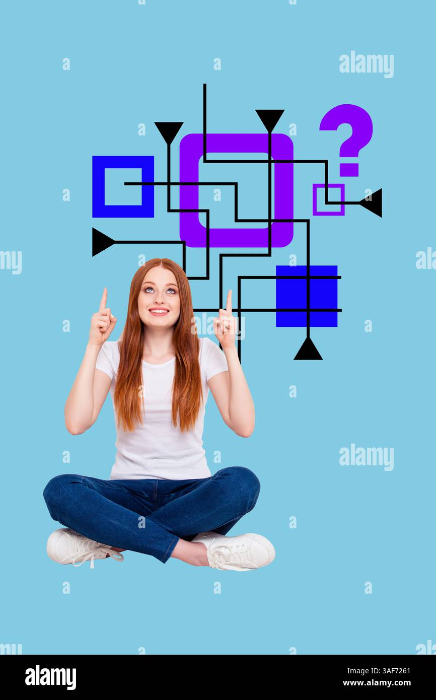 Pop collage of businesswoman sit point finger up maze with question ...