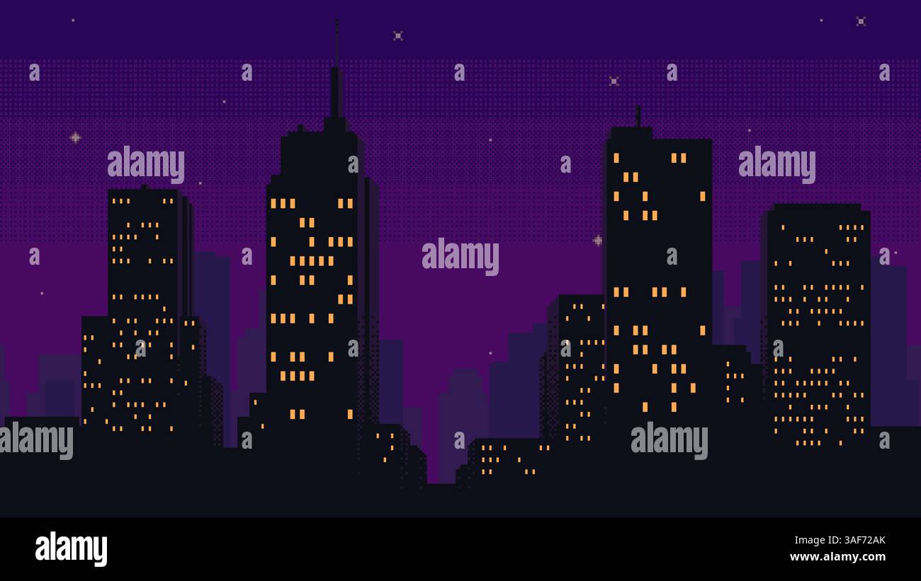 Pixel art game background with night city. Retro video game style ...