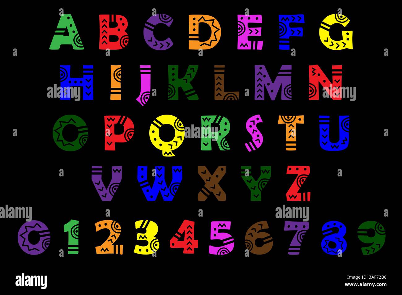 African, Aztec or Maya tribal font. Colored decorative alphabet with ...