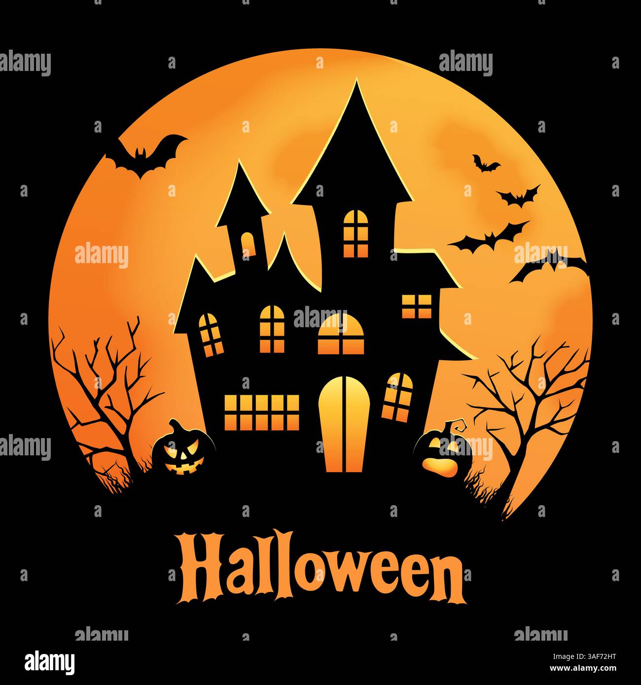 Spooky haunted house silhouette with Halloween pumpkins and bats flying ...