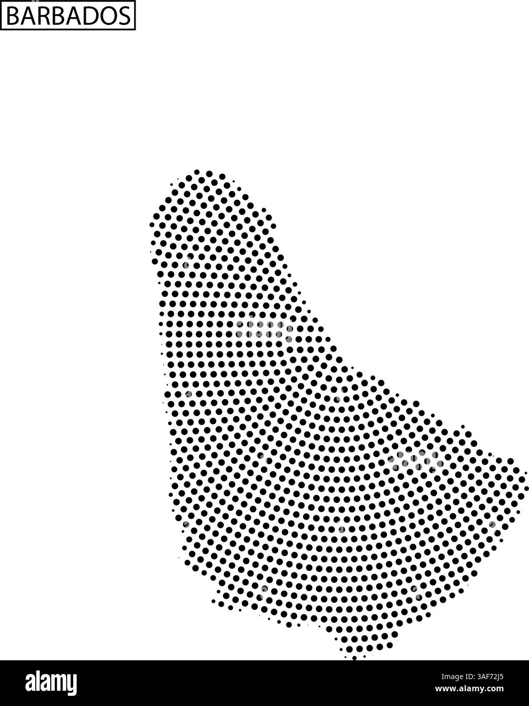 The artwork displays a dot pattern silhouette of Barbados, showcasing ...