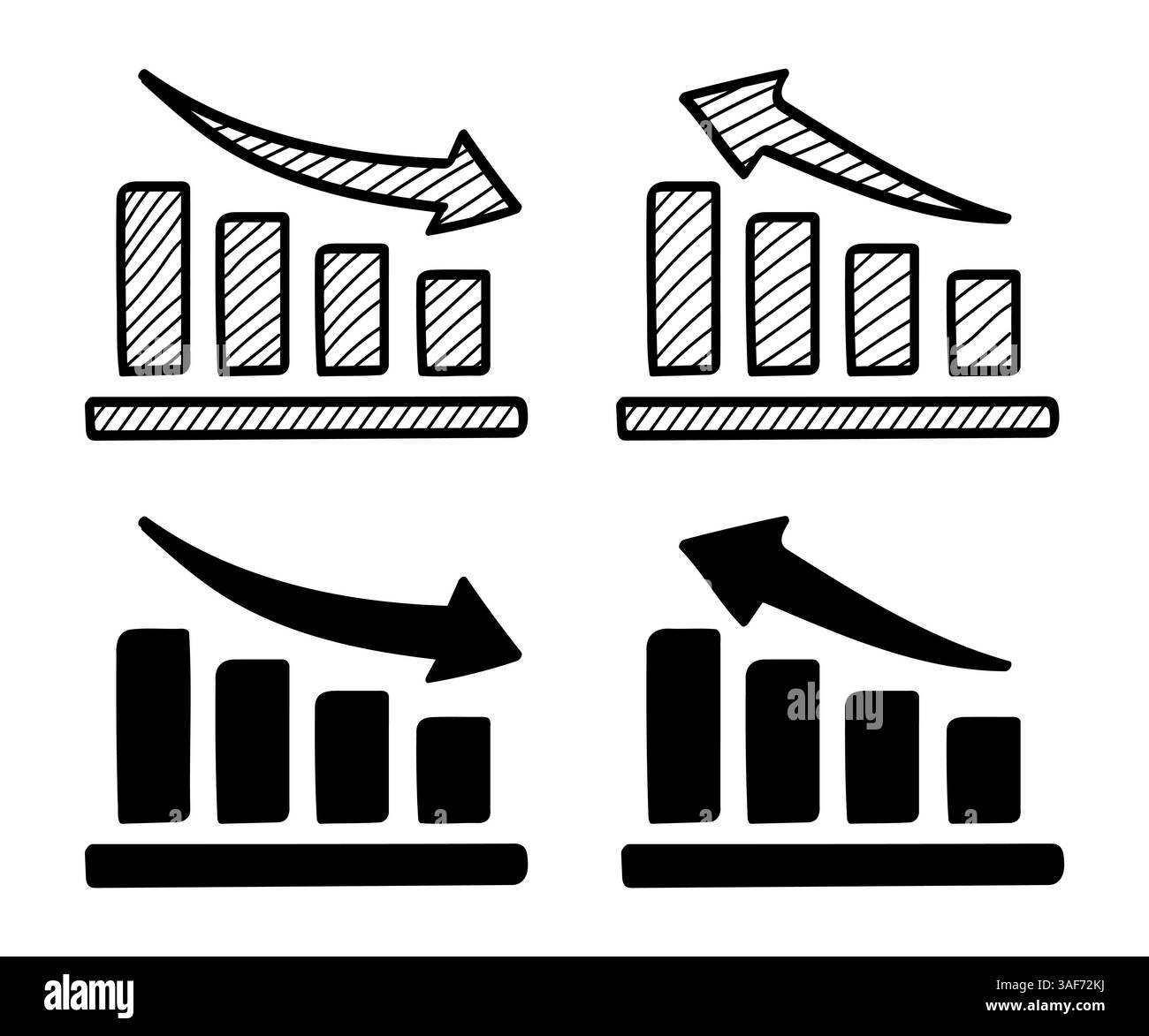 A collection of hand-drawn bar chart icons with upward and downward arrows, representing ...