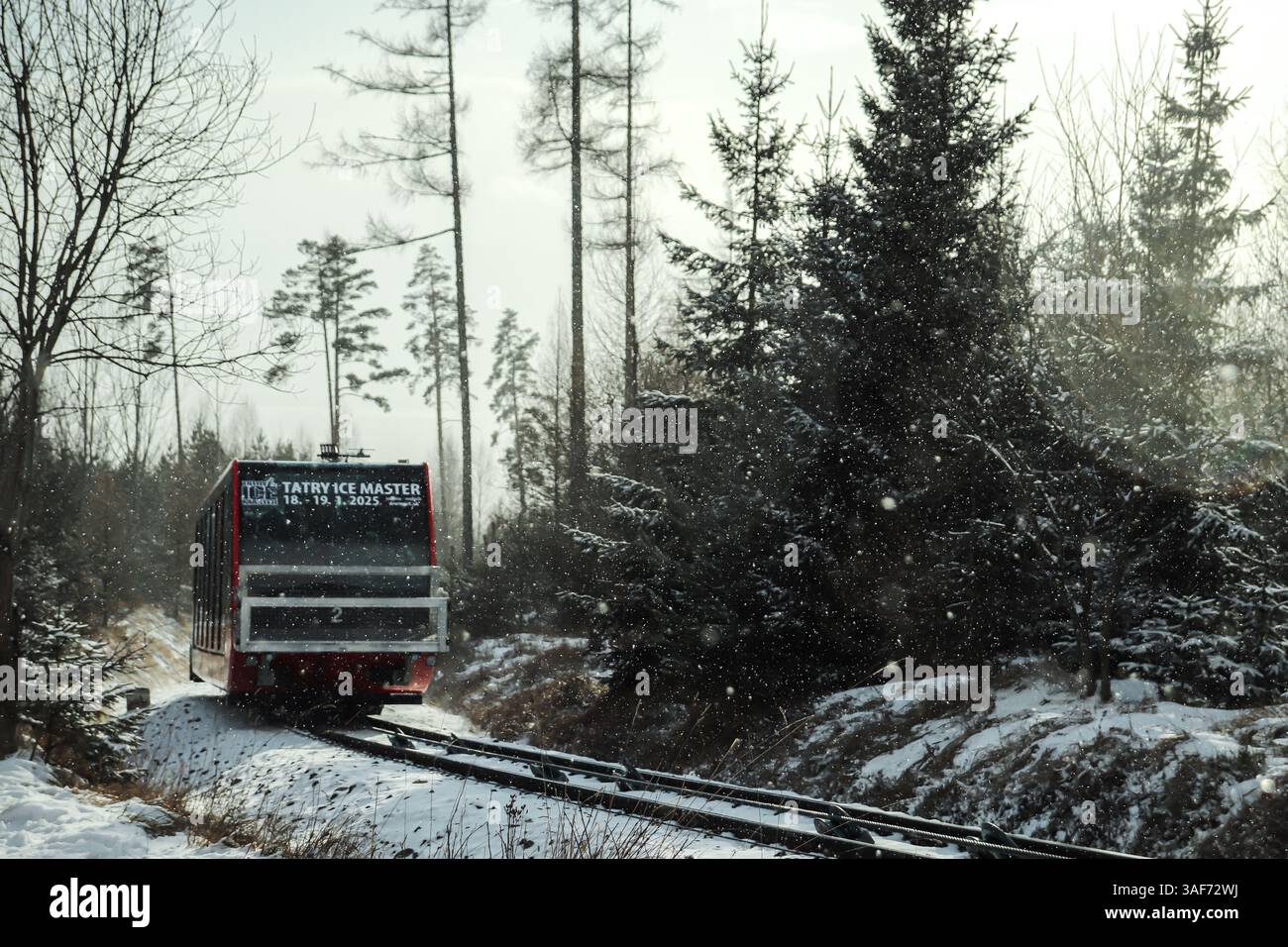 The photo shows a cable car passing through a snowy forest during ...
