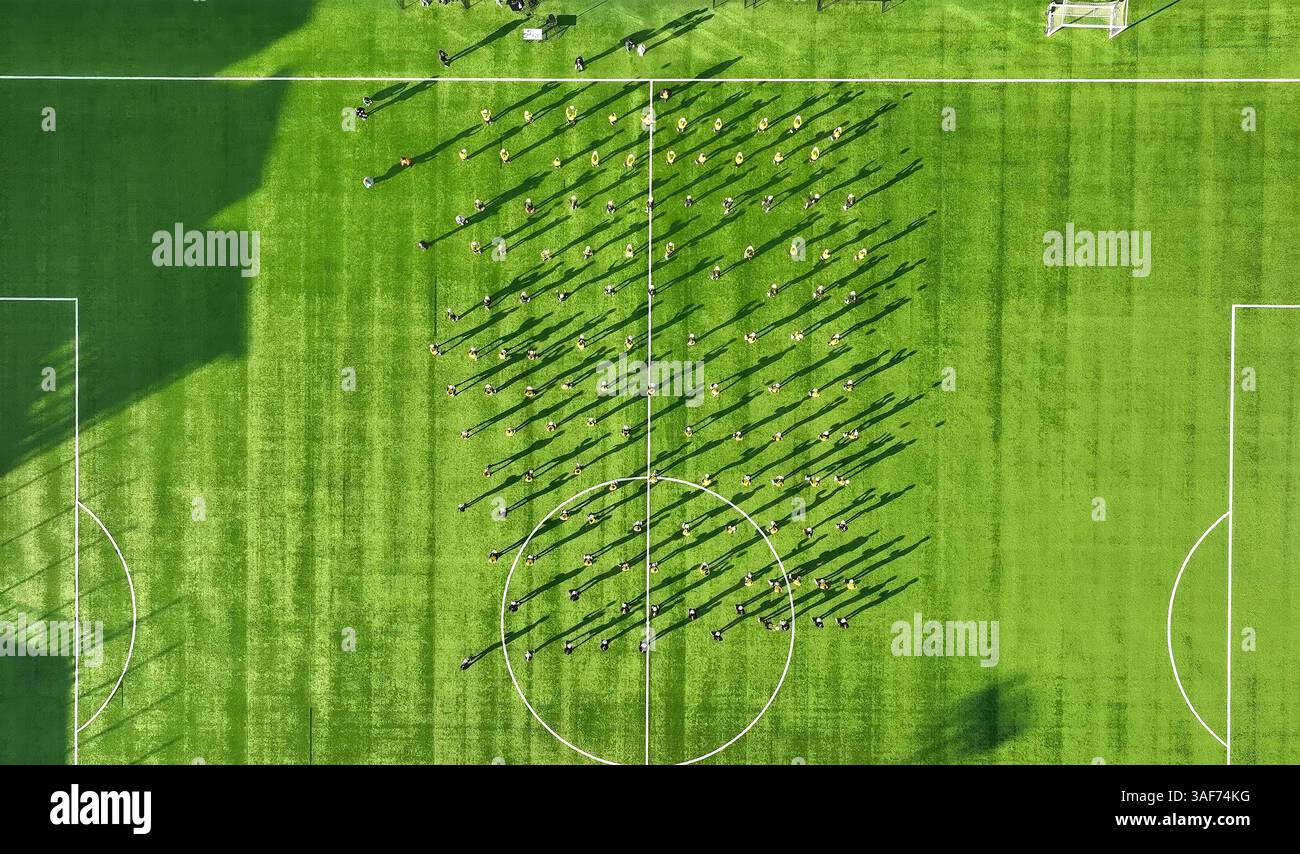 Aerial view of organized group shadows on green soccer field. This ...