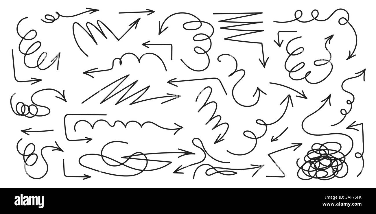 Curved and swirl tangled black arrows. Hand draw black line arrows set ...