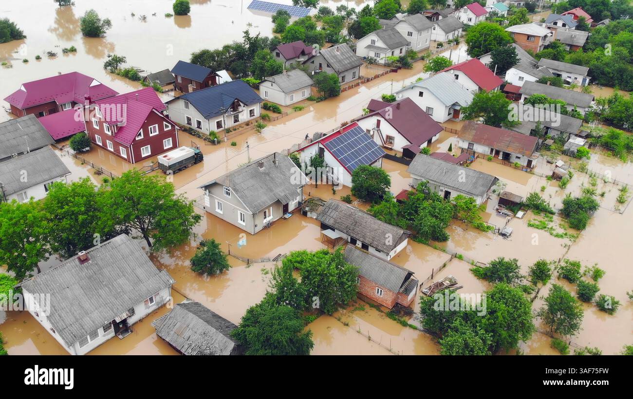 Aerial View of Flooded Residential Neighborhood. Aerial image showing a flooded residential ...