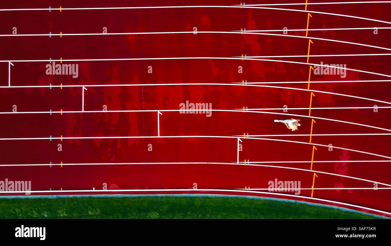 Aerial View of Athlete Running on Red Track Field. A top-down view of ...