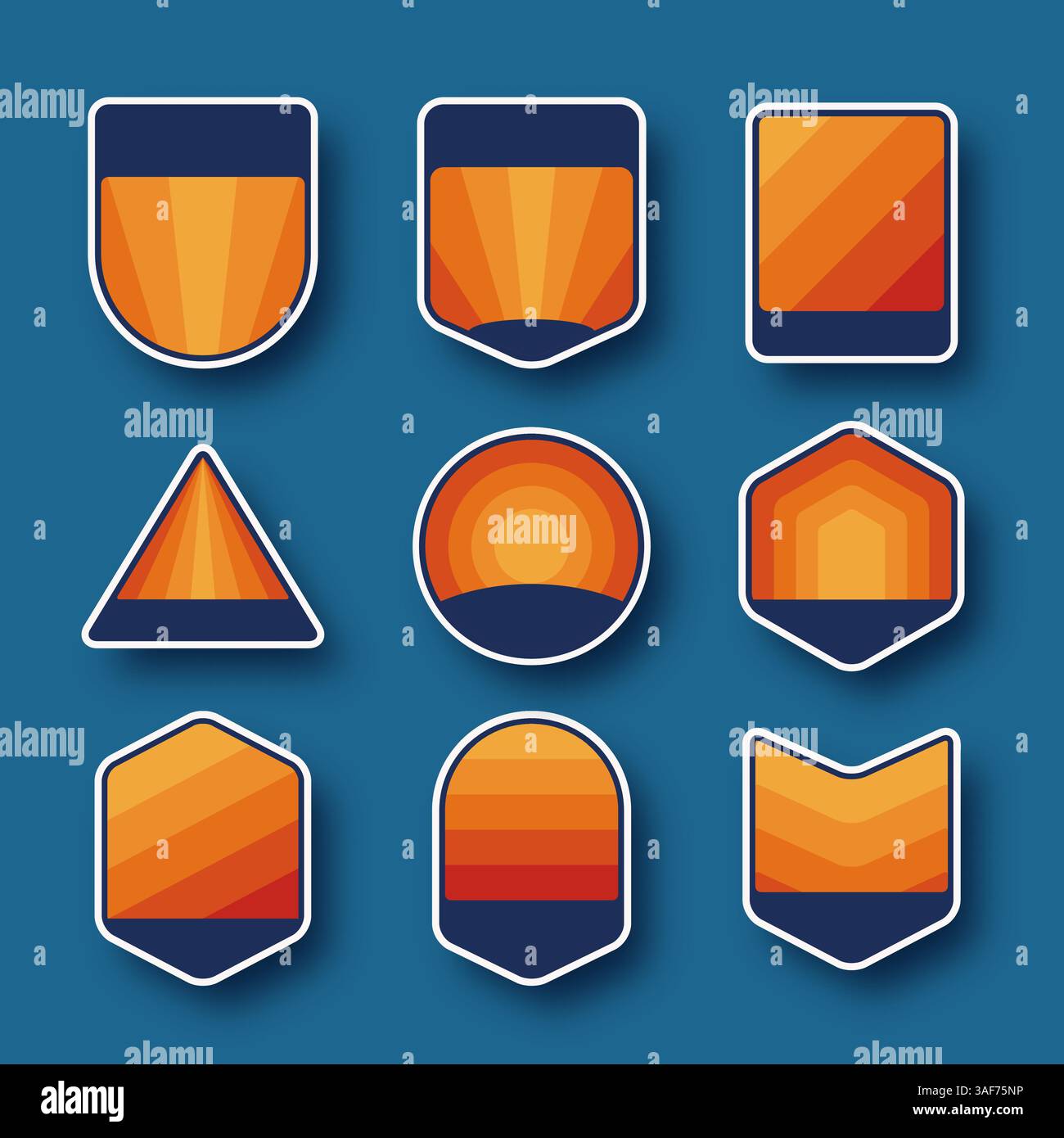 Set of nine abstract geometric badges with vibrant orange and navy blue ...