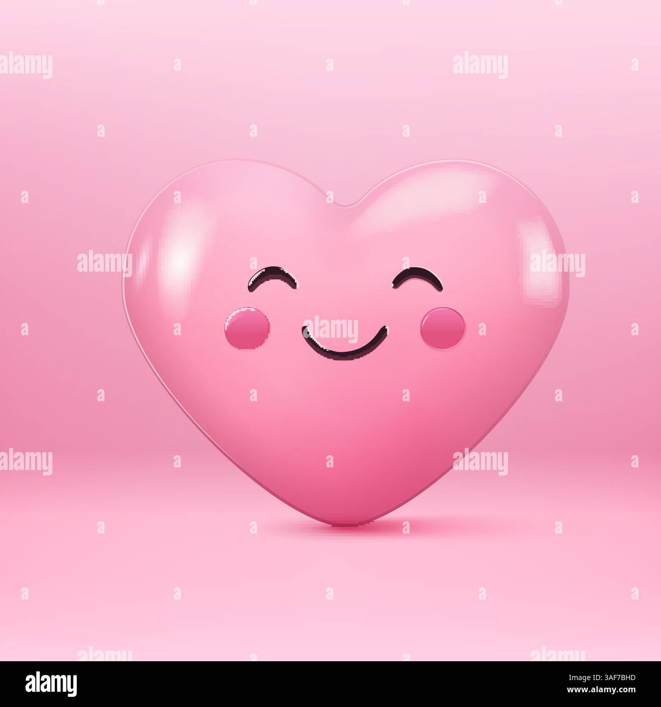 Adorable pink heart with a smiling face and rosy cheeks on a soft pink ...