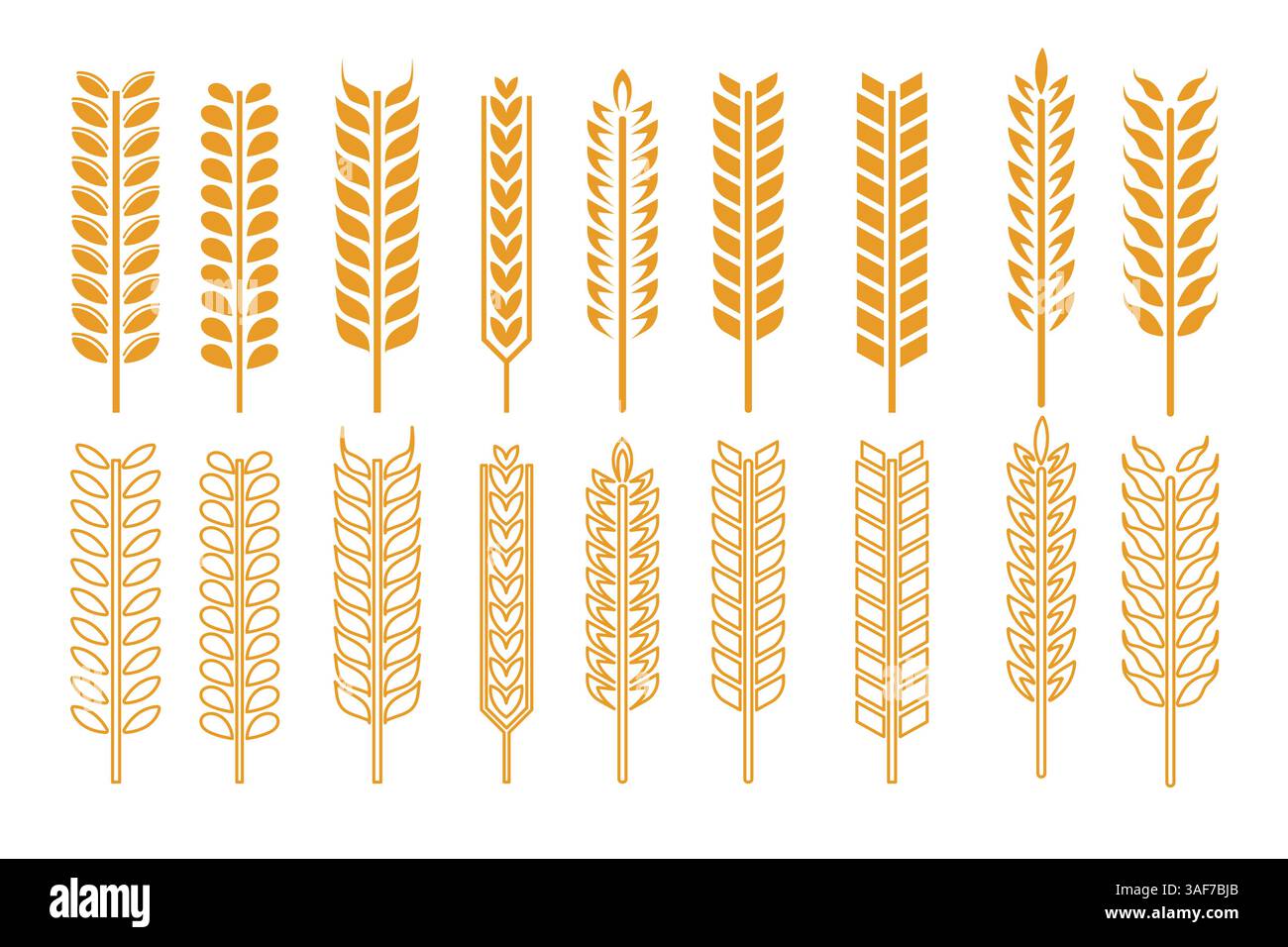 A collection of yellow wheat icons in outline and filled glyph styles ...