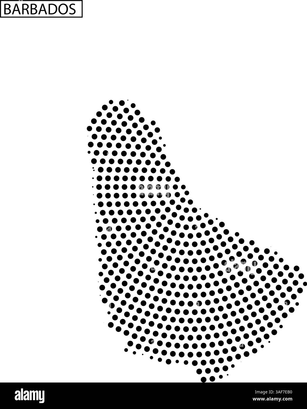 The artwork displays a dot pattern silhouette of Barbados, showcasing ...