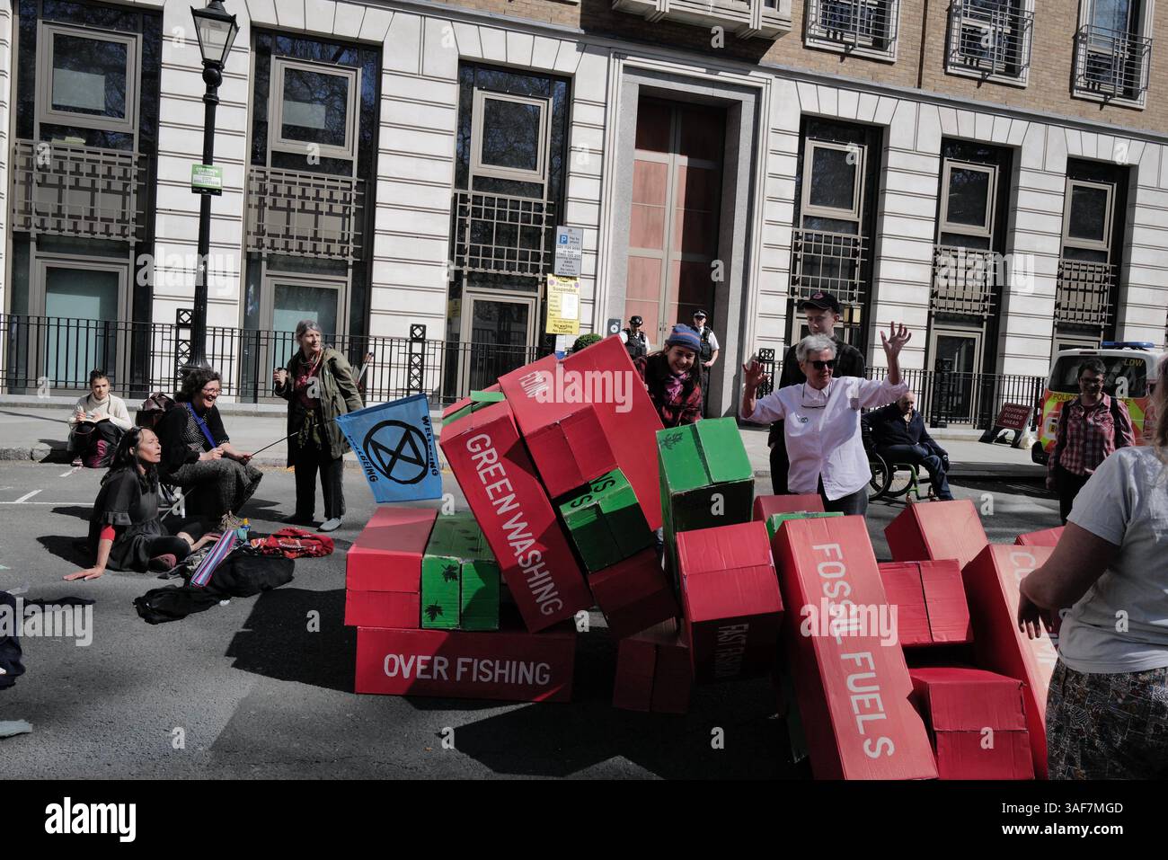 London, UK. 07th Apr, 2025. Climate activists gathered outside BP's ...
