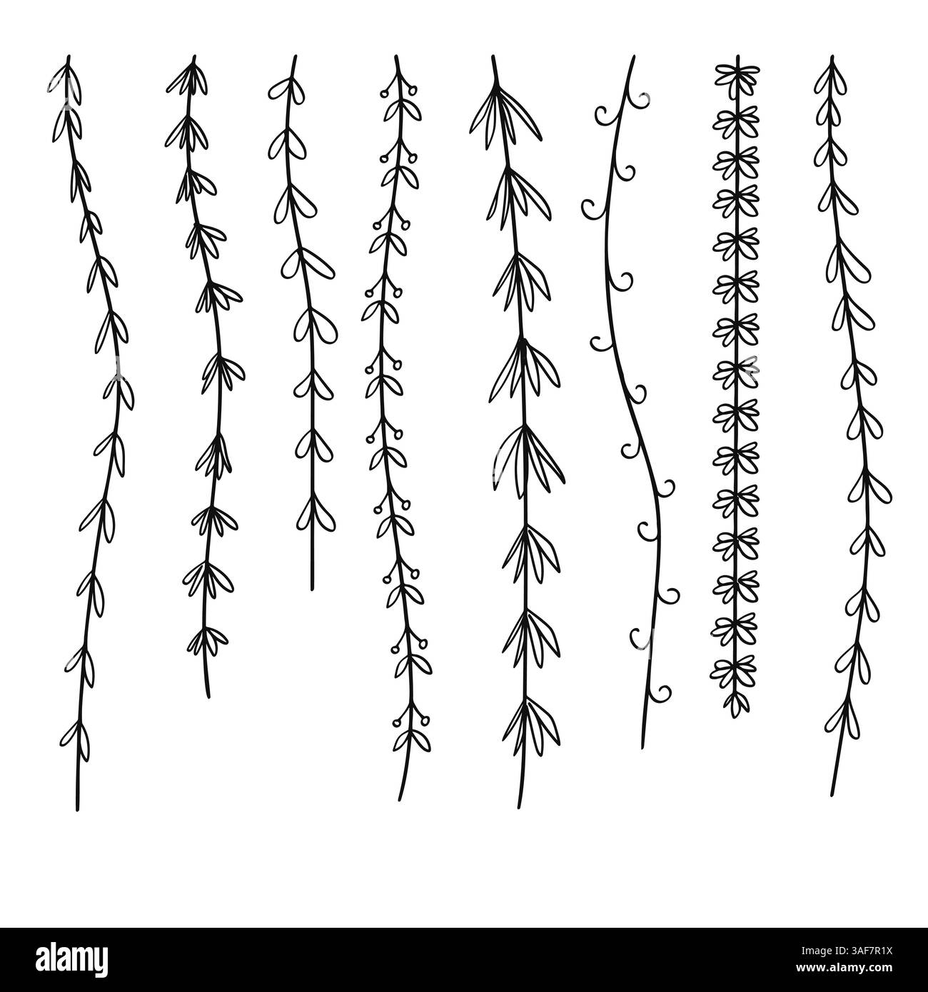 A collection of hand-drawn line art depicting hanging leaves, with ...