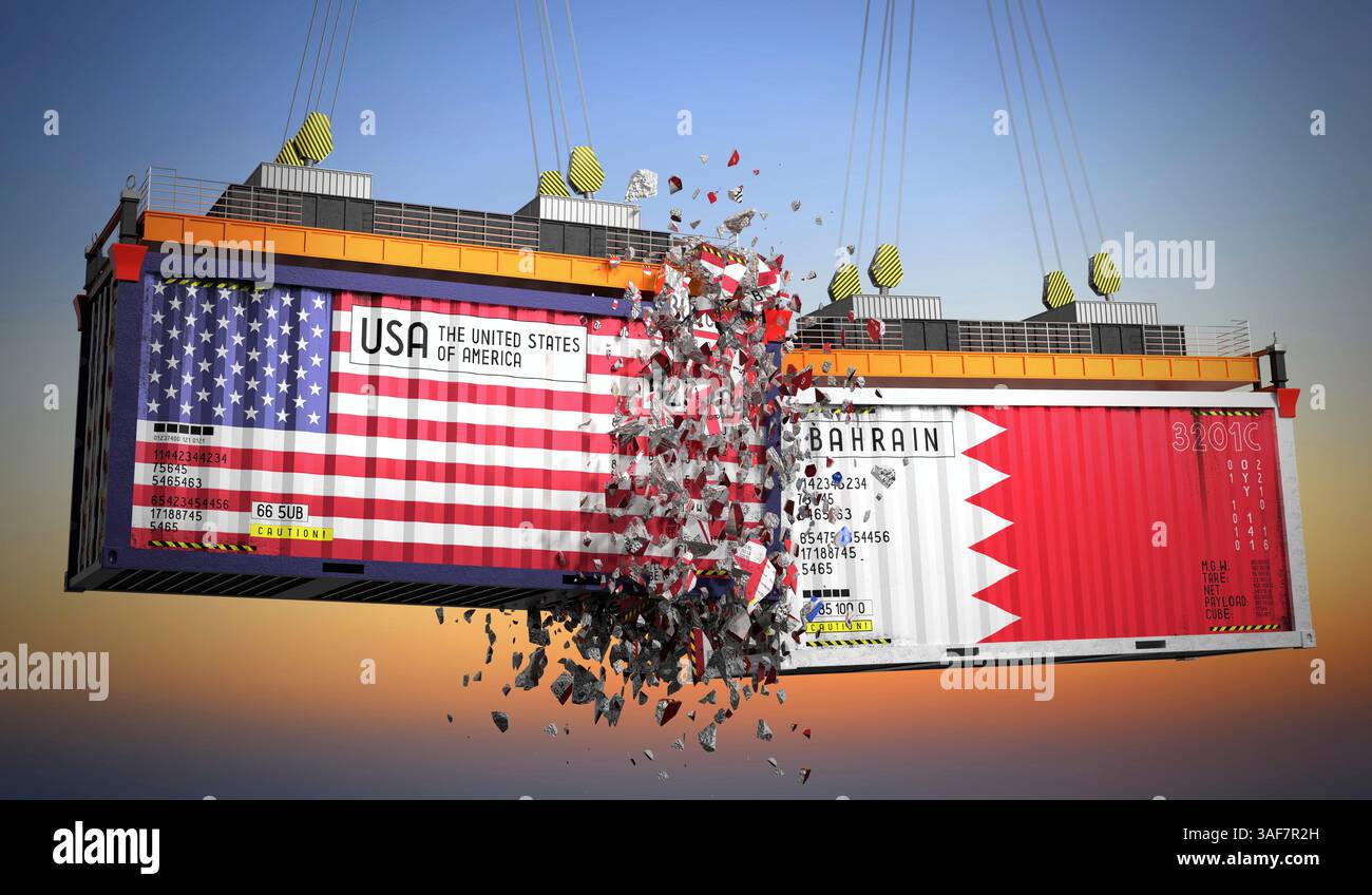 Cargo containers with flags of USA and Bahrain - 3D illustration Stock ...