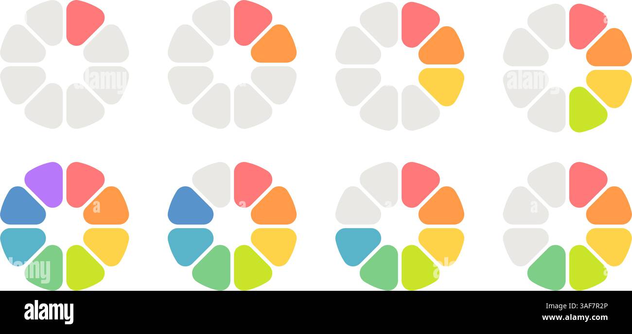 Circle division infographic loading set. Pie chart divided 8 equal parts. Pizza or orange round ...