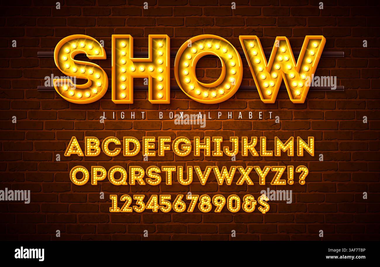 Light Bulb Alphabet with Yellow Frame Box and Shadow on Vintage Brick ...
