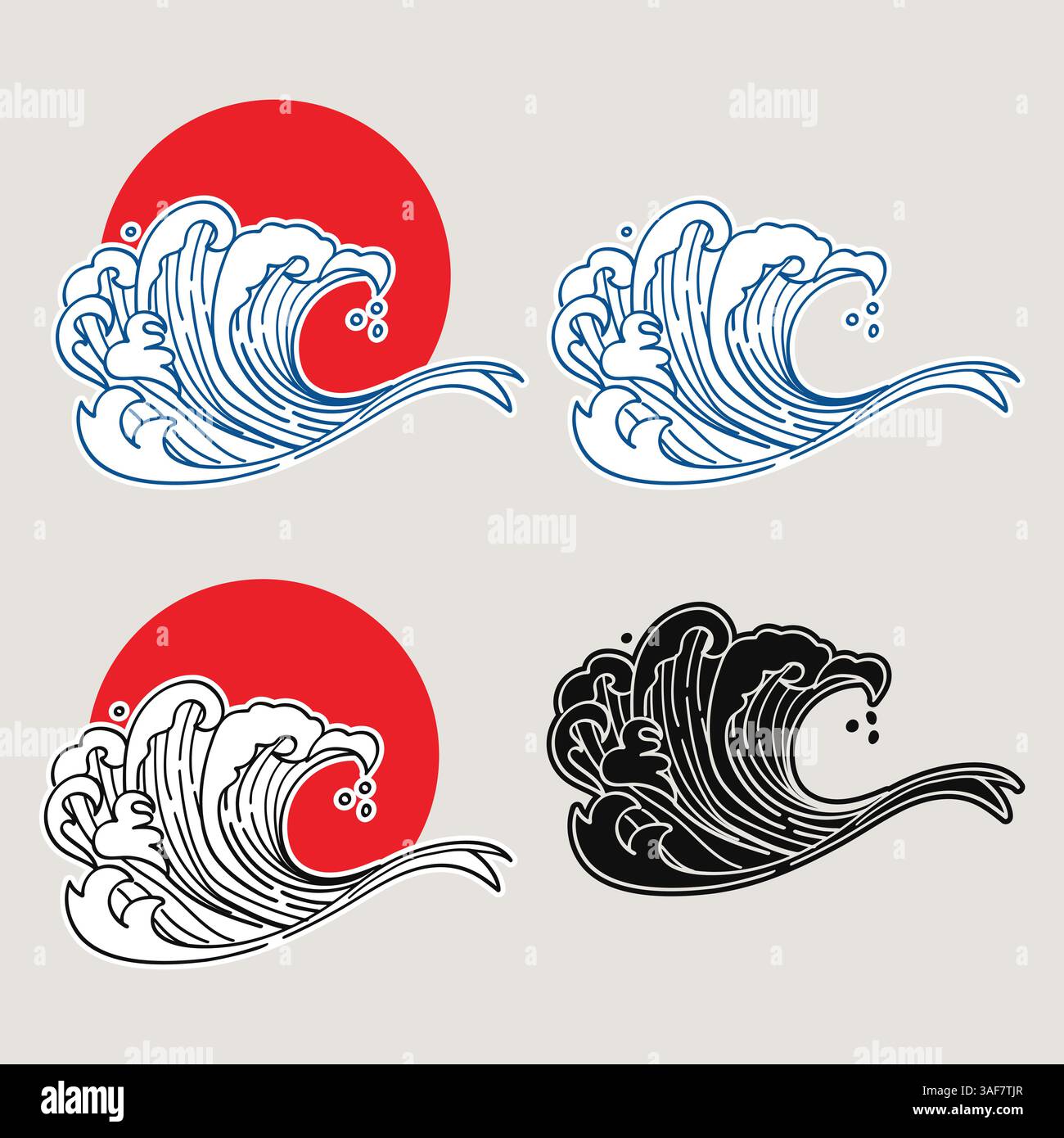 A stylized Japanese wave illustration in various color variations ...