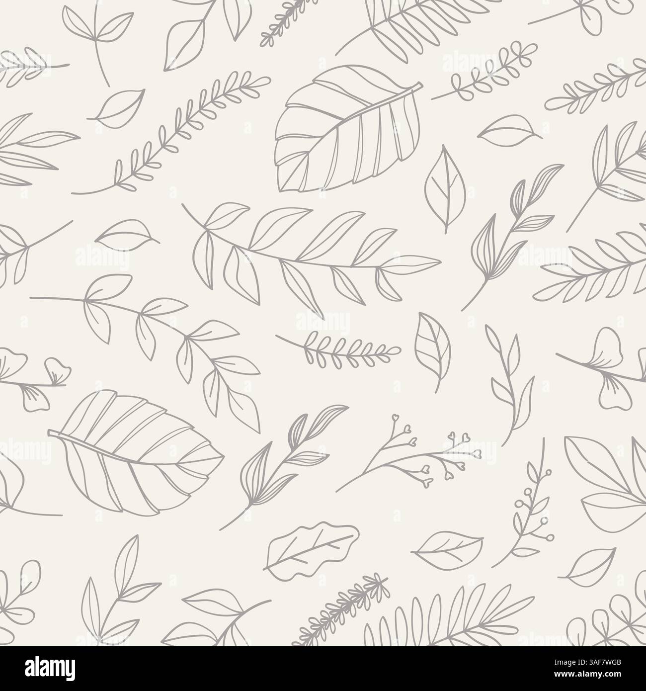 Seamless pattern botanical leaves line art isolated on white background ...