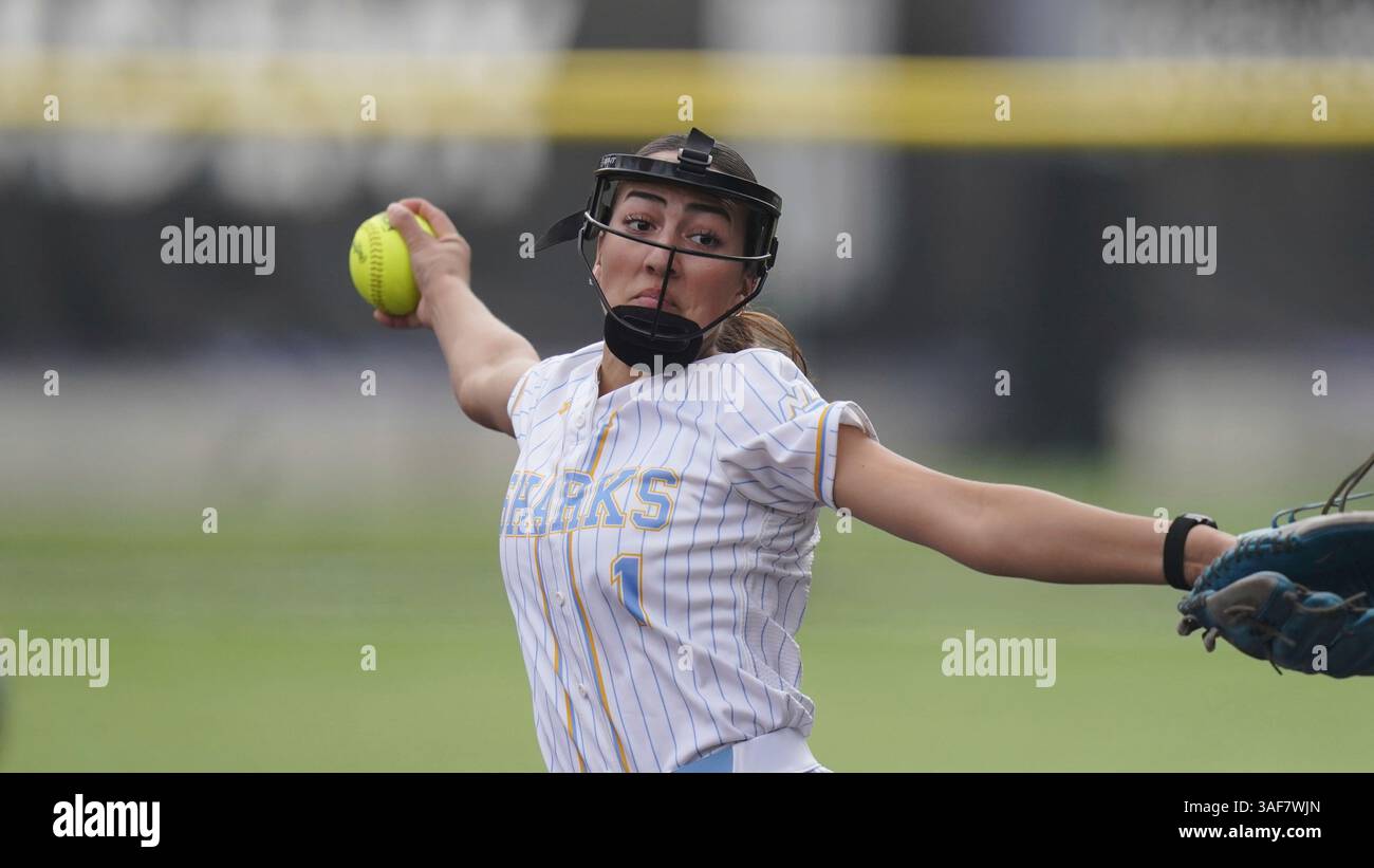 LIU utility Sophia Mariottini (1) throws during an NCAA softball game ...