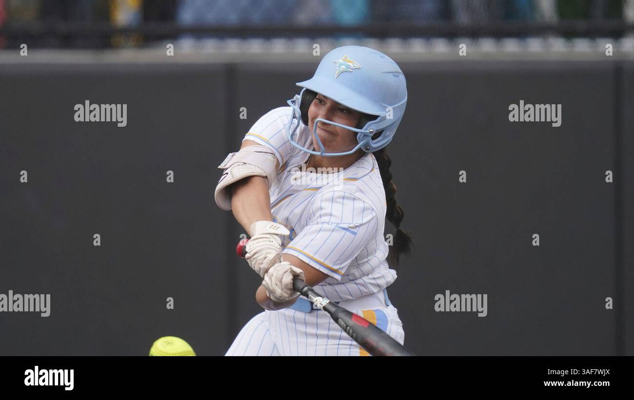LIU outfielder Lily Hinkle (57) bats during an NCAA softball game ...