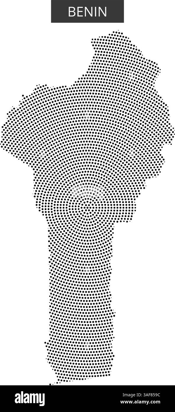 A black dotted outline of Benin is centered on a white background ...