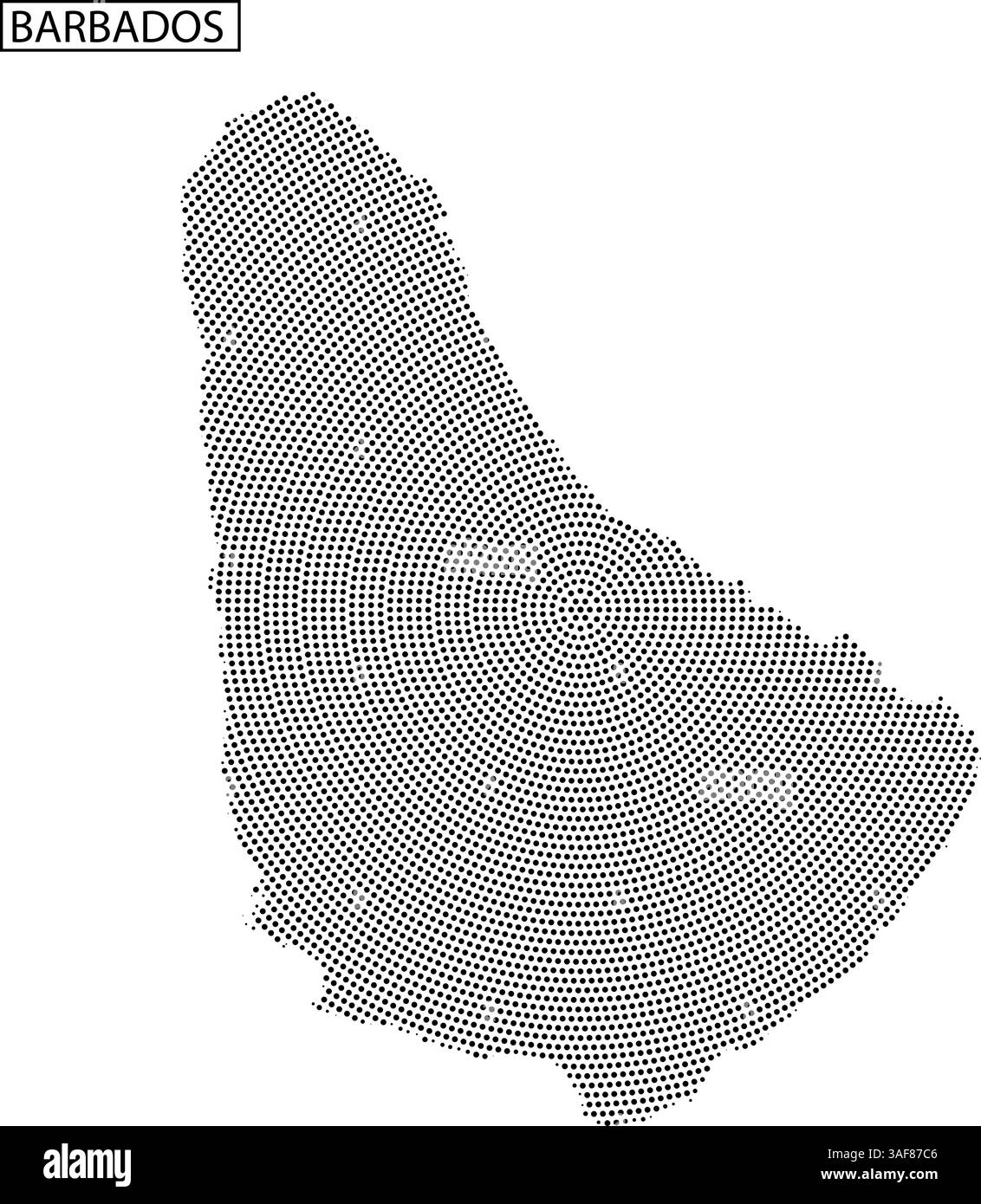 The artwork displays a dot pattern silhouette of Barbados, showcasing ...