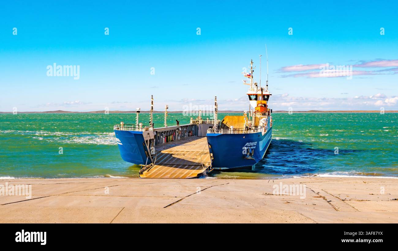 Punta Delgada, Patagonia, Chile - March 20, 2017: View over ferry boat ...