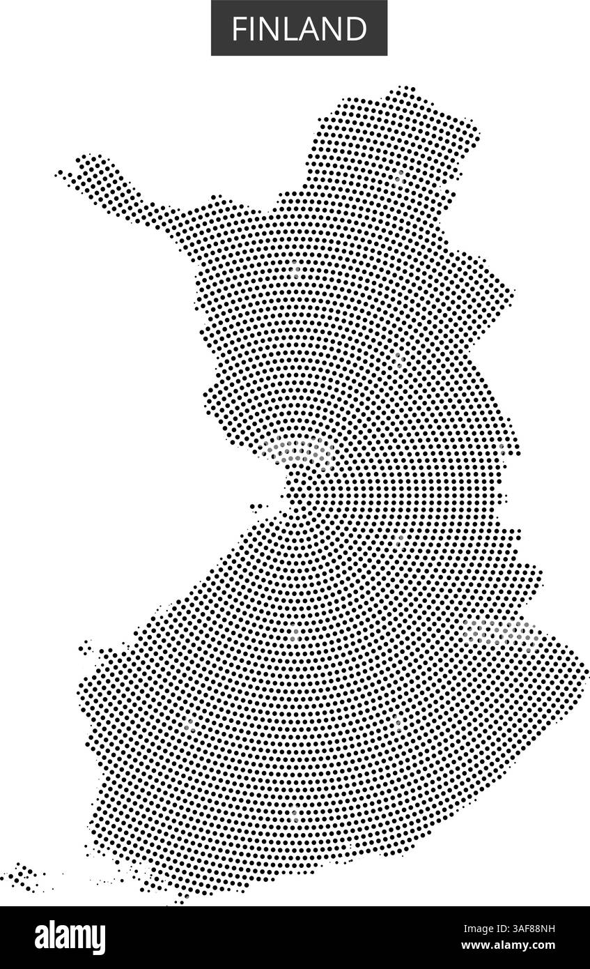A detailed map outline of Finland is presented in a dotted monochrome ...