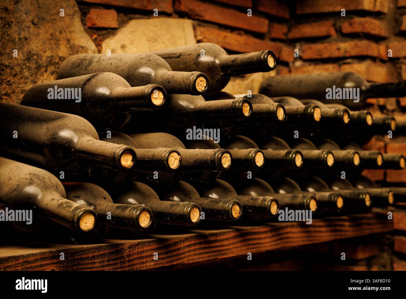 A collection of dusty wine bottles are lined up on a shelf Stock Photo ...