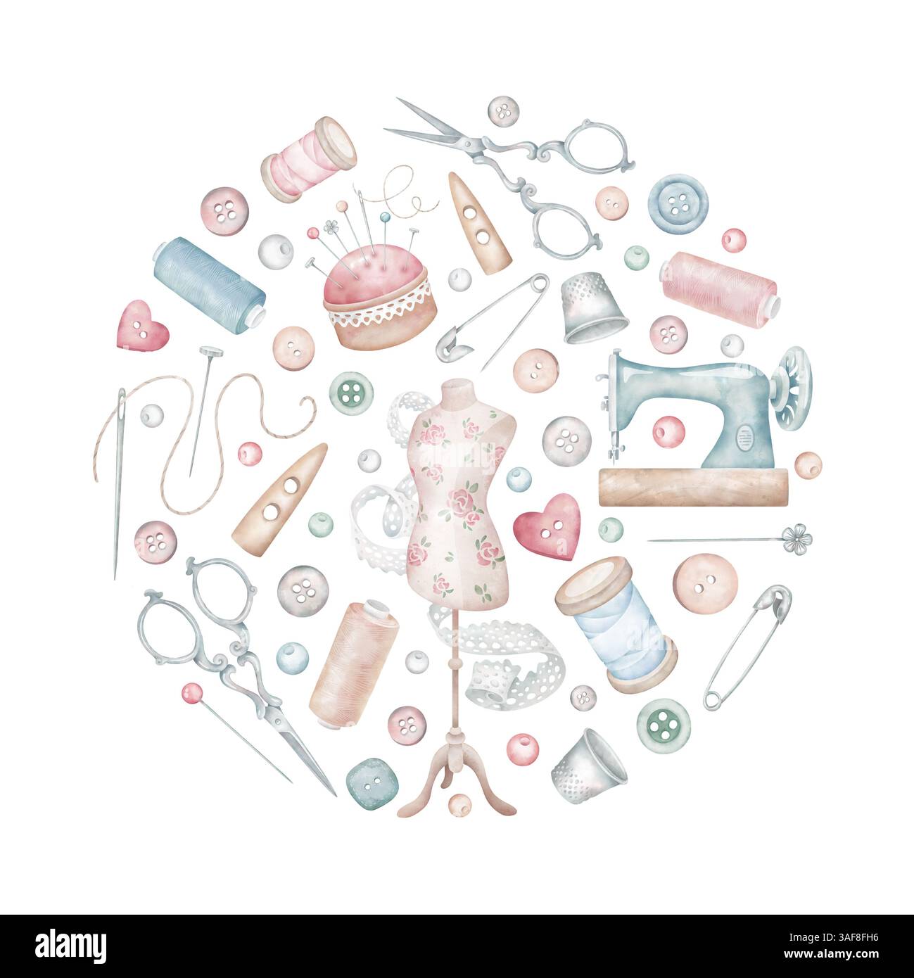 Round composition with sewing tools and needlework accessories. Sewing ...