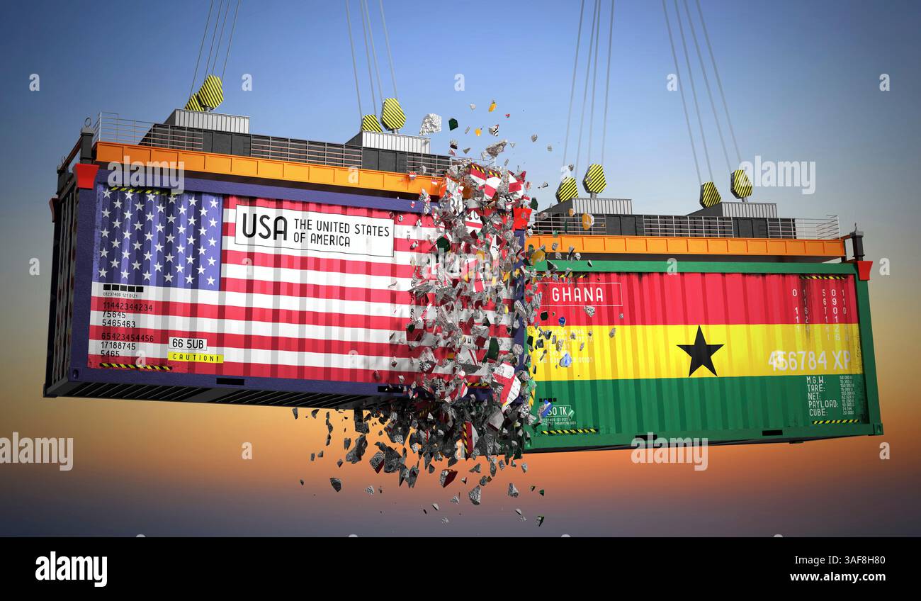 Cargo containers with flags of USA and Ghana - 3D illustration Stock ...