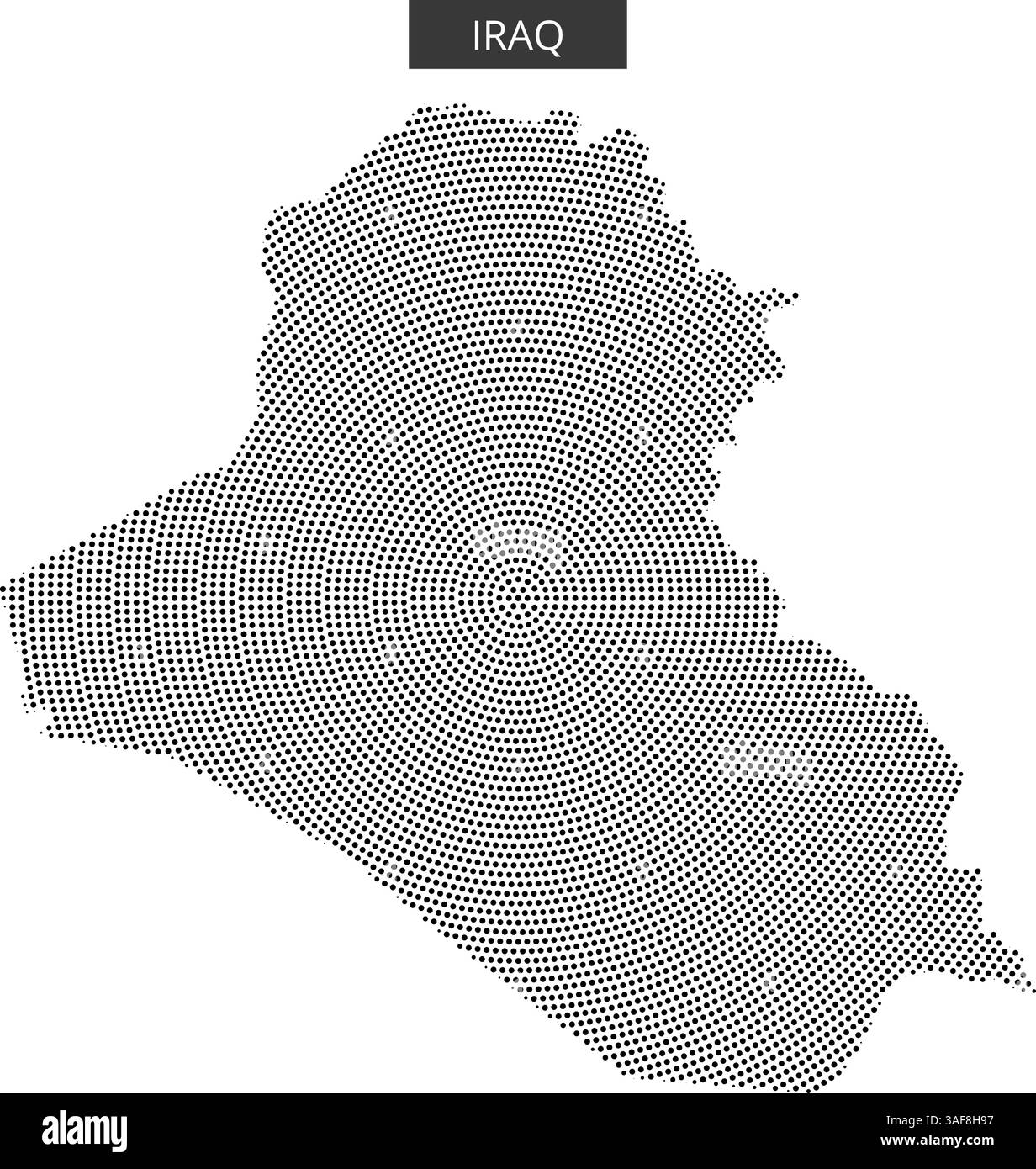Detailed dotted map of Iraq shows the country's outline creatively with a monochrome design. The ...
