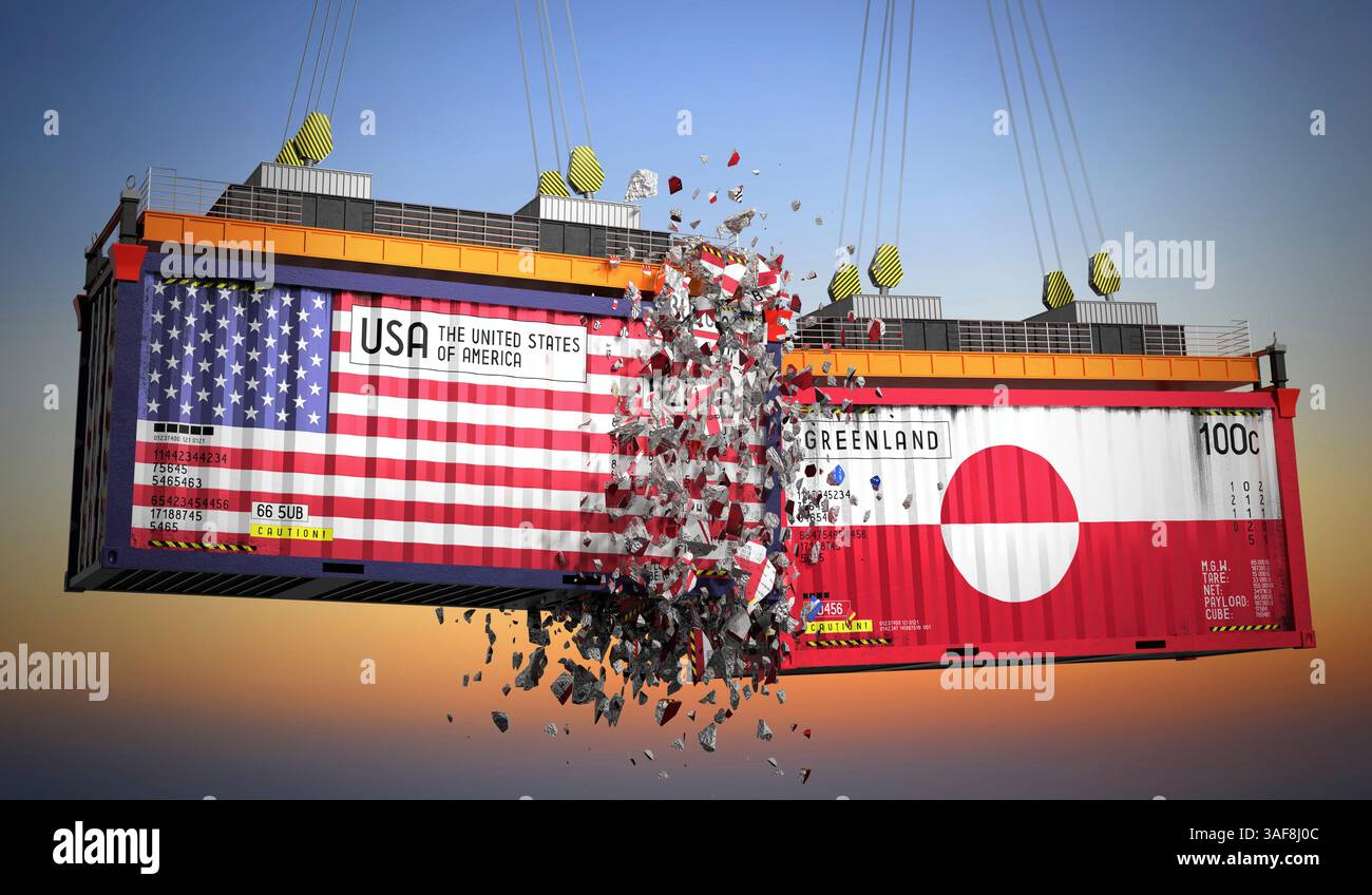 Cargo containers with flags of USA and Greenland - 3D illustration ...