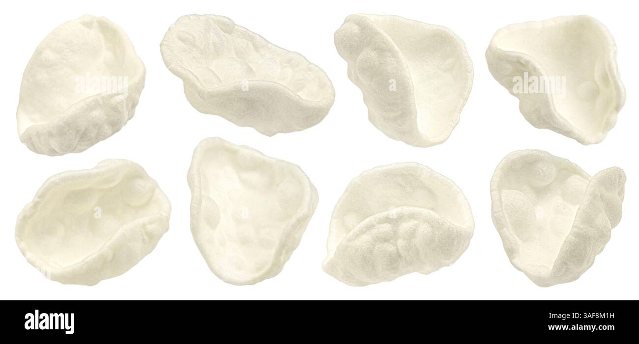 Starch potato chips, salty puffed snacks isolated on white background ...