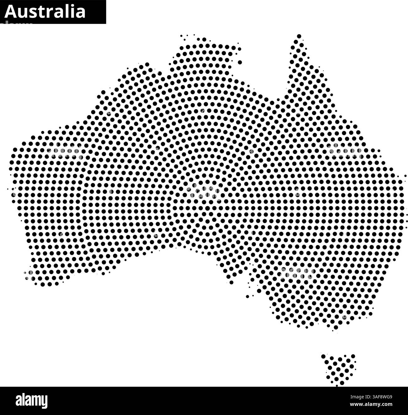 A detailed map of Australia created using dot patterns, highlighting its geographical layout and ...