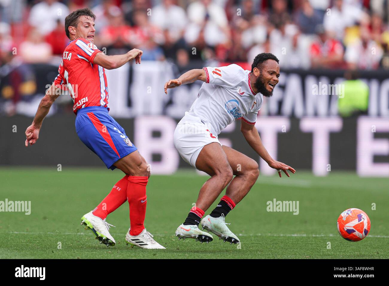 Sevilla, Spain. 07th Apr, 2024. Chidera Ejuke of Sevilla FC and Cesar ...