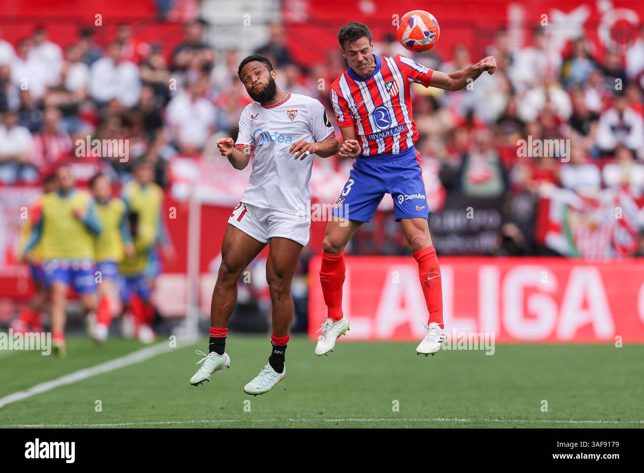 Sevilla, Spain. 07th Apr, 2024. Chidera Ejuke of Sevilla FC and Cesar ...