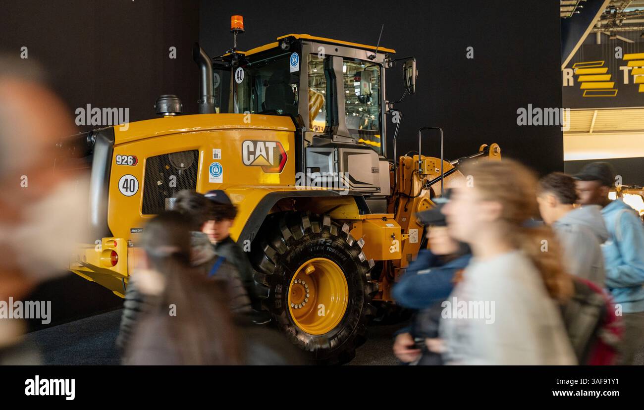 Munich, Germany. 07th Apr, 2025. A Caterpillar wheel loader stands at the bauma 2025 ...