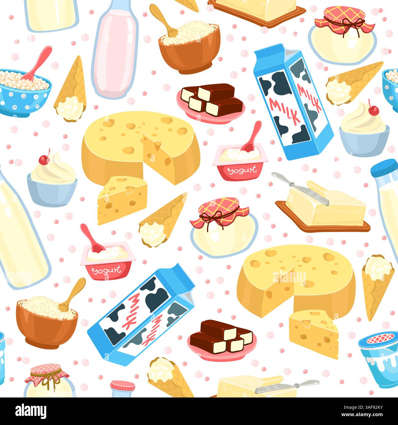 Milk products seamless pattern. Dairy food. Milky meal. Ice cream ...