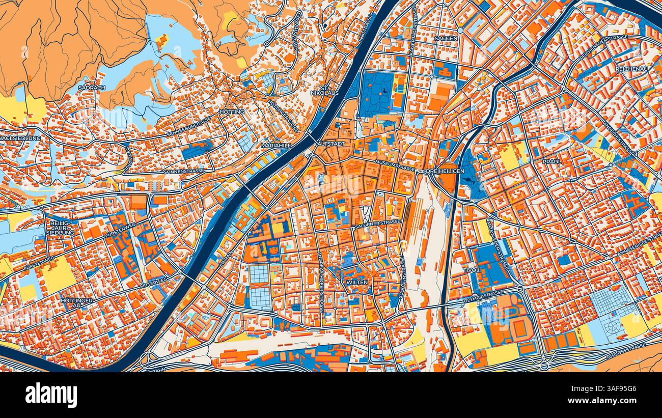 Colorful Innsbruck Art Map with Labels and Buildings with many details ...