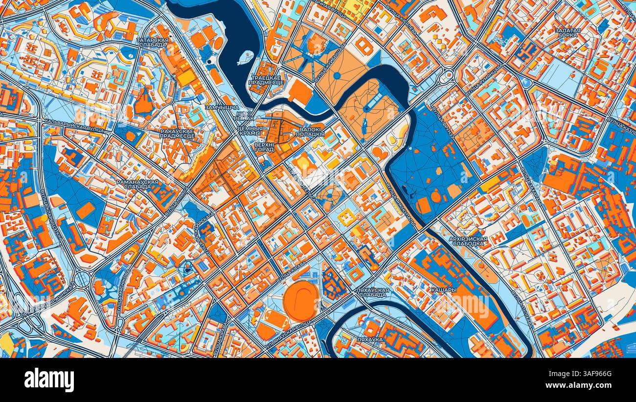 Colorful Minsk Art Map with Labels and Buildings with many details for ...