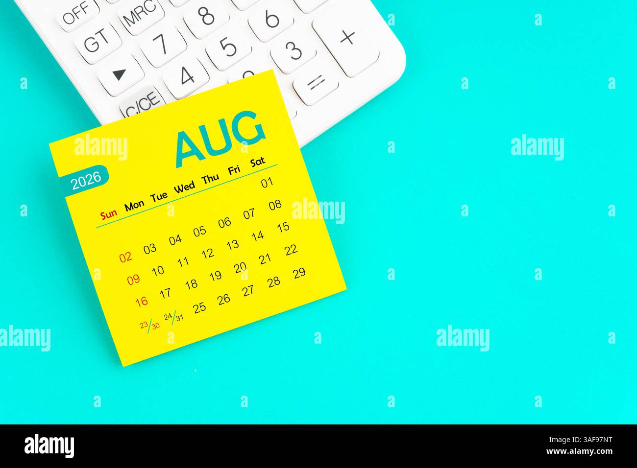 August 2026 calendar page with calculator on blue color background ...