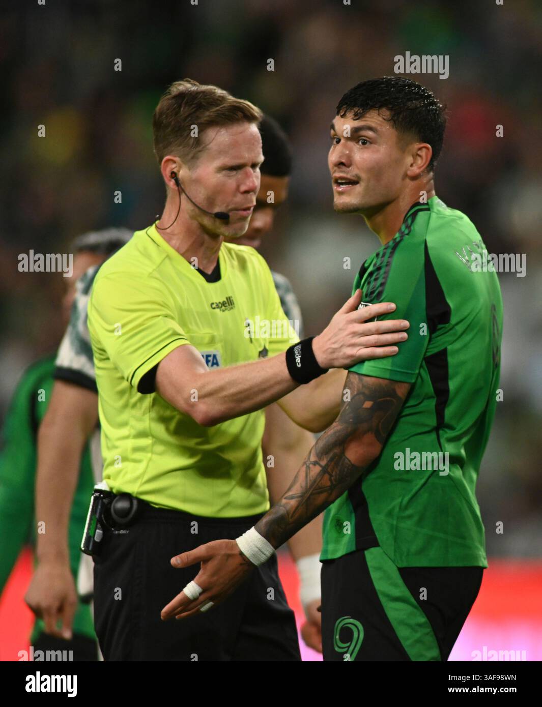 AUSTIN, TX - April 05: Austin FC forward Brendan Vazquez (9) argues ...