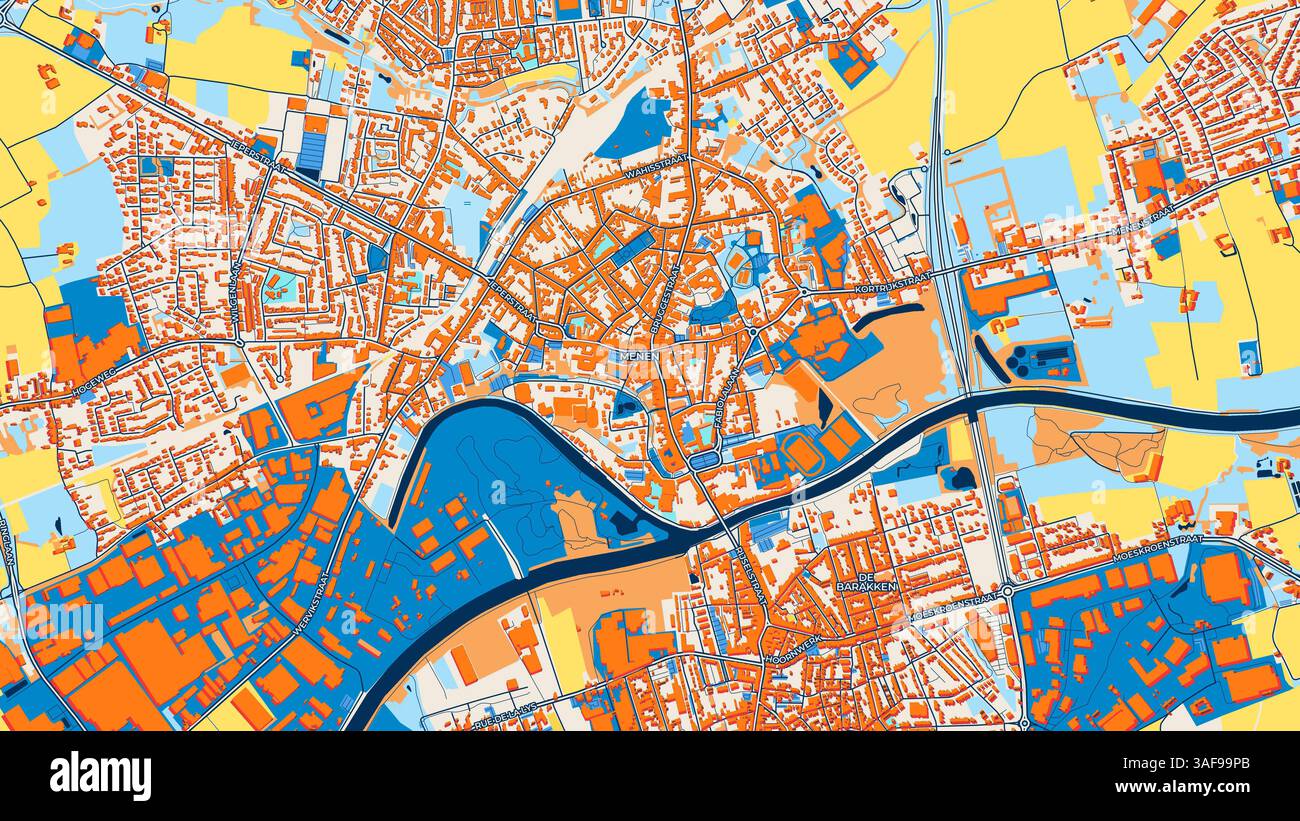 Colorful Menen Art Map with Labels and Buildings with many details for ...
